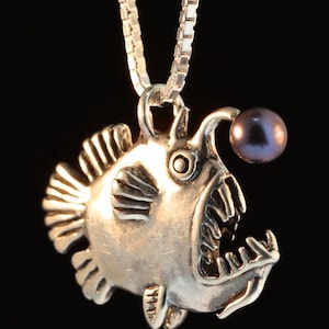 Angler Fish Necklace Fish Charm Fish Pendant With Black Pearl Angler ...