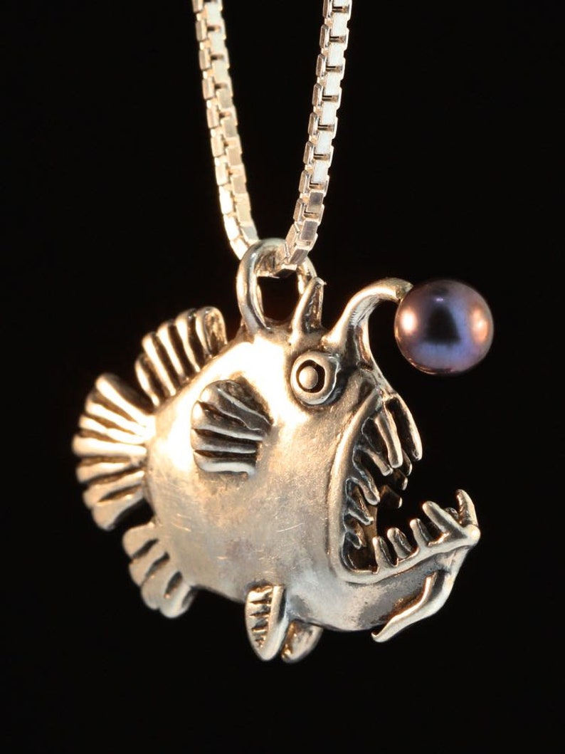 Angler Fish Necklace Fish Charm Fish Pendant With Black Pearl - Etsy