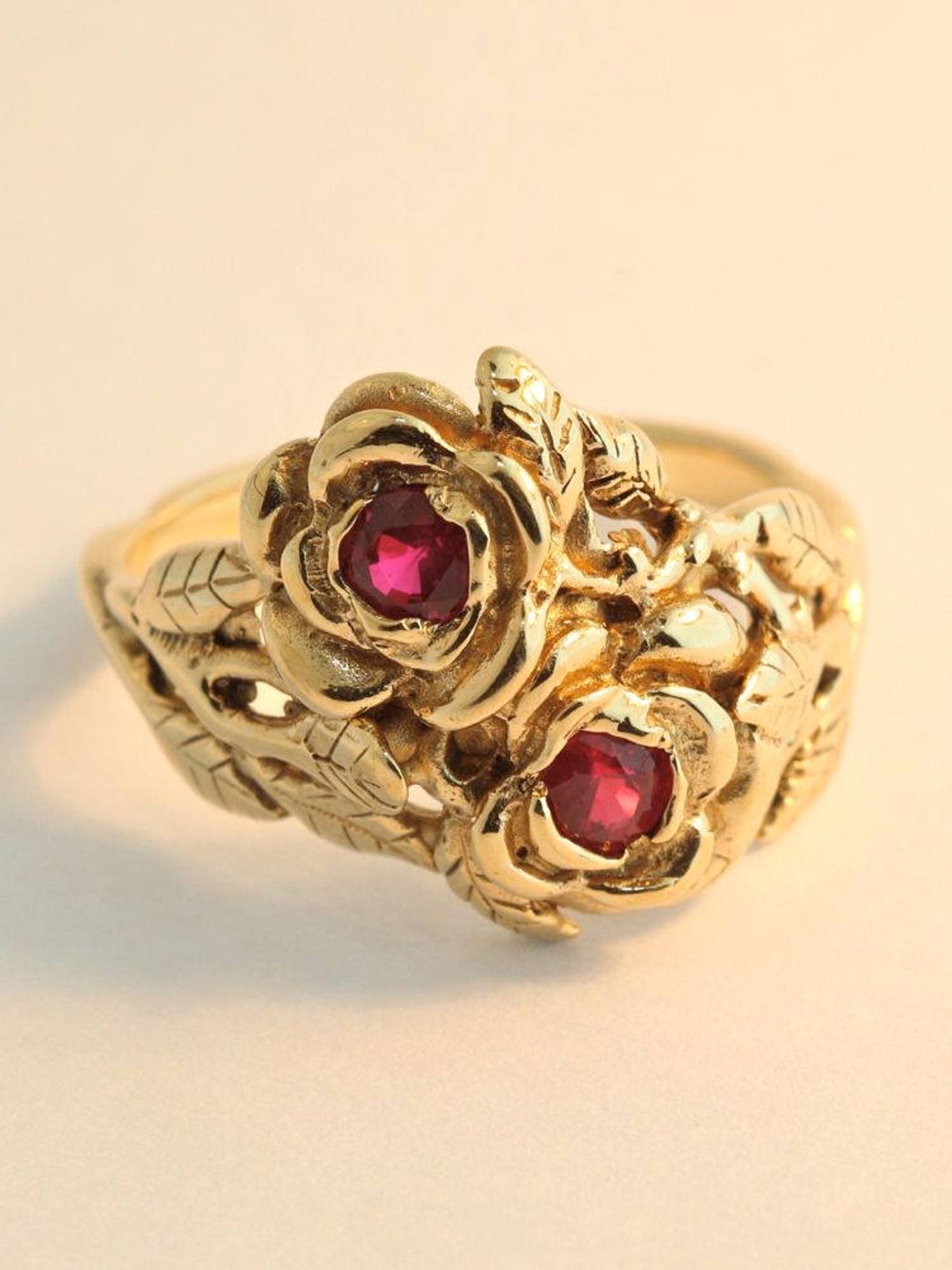 Double Rose and Ruby Ring 14K Gold Flower Ring Rose Ring - Etsy