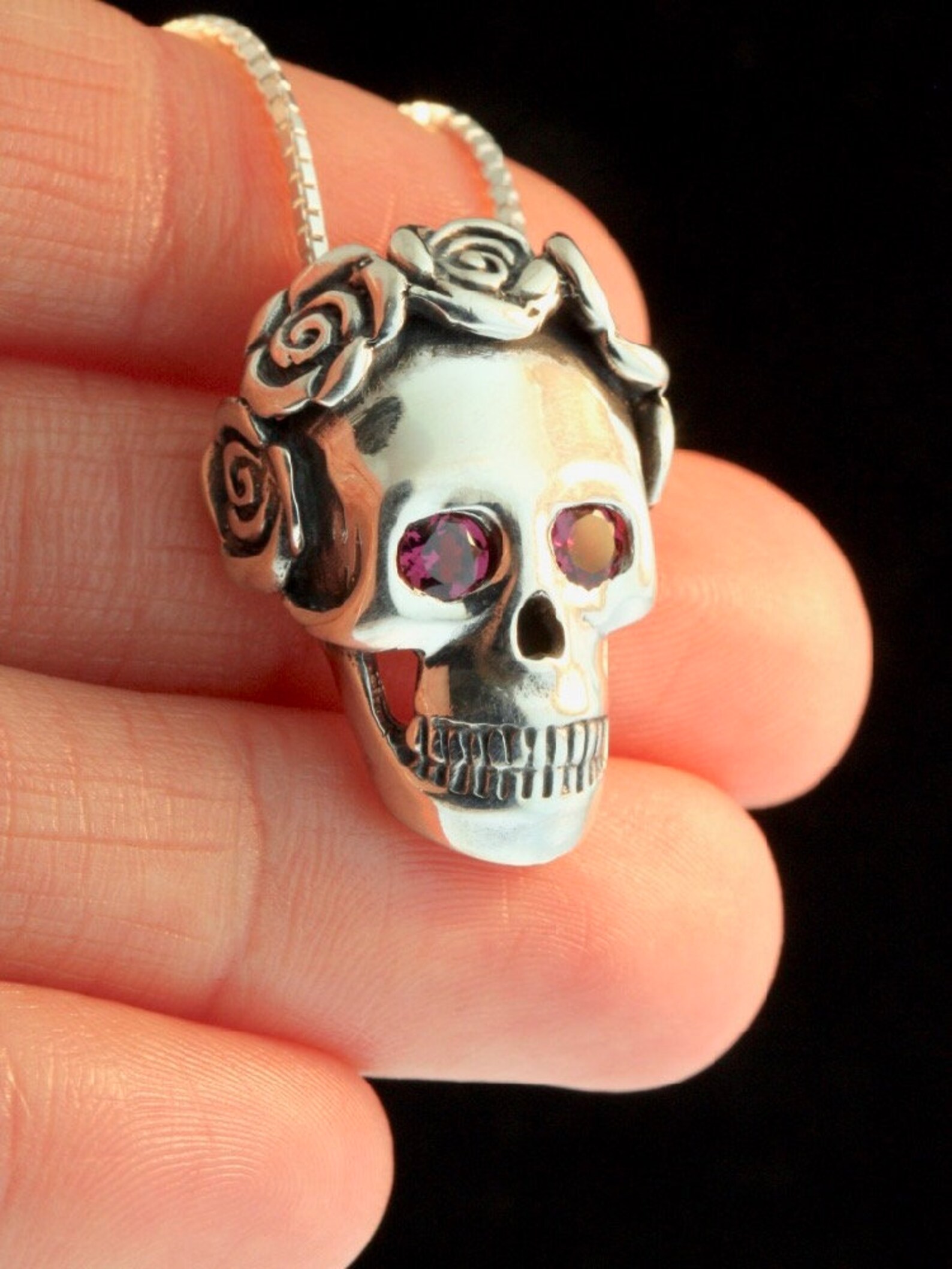 Skull Necklace Skull and Rose Pendant With Gemstone Eyes Day of the ...