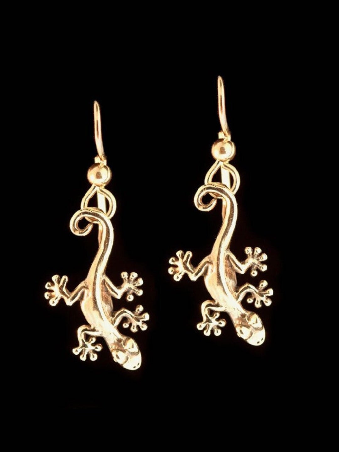 Tiny Gold Gecko Earrings Tiny Gold Lizard Earrings 14k Gold Dangle Drop ...
