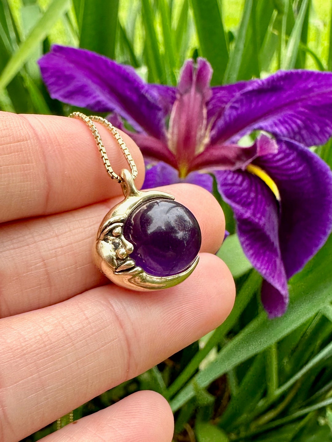 14k Gold Moon With Amethyst Orb Amethyst Sphere Gold Moon Charm Moon ...