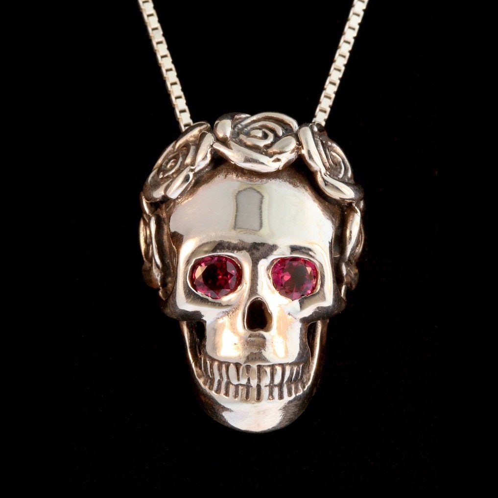 Skull Necklace Skull and Rose Pendant With Gemstone Eyes Day of the ...