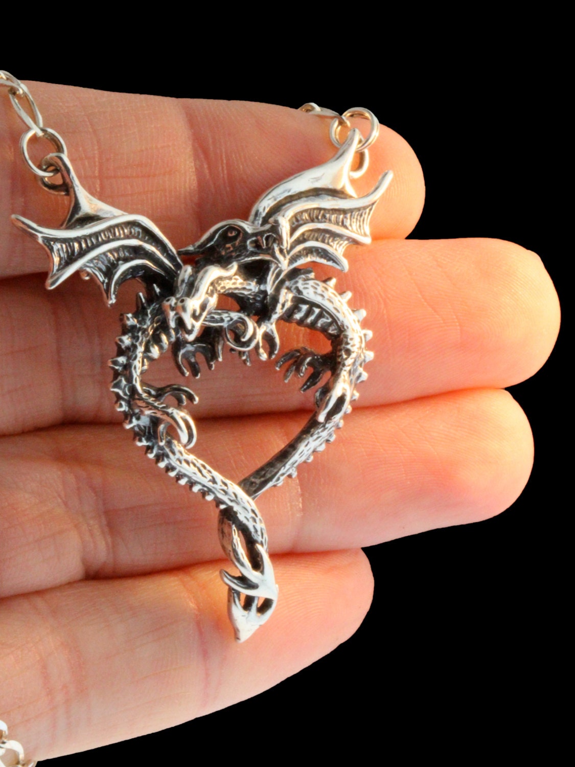 Dragon Necklace Dragon Heart Pendant With Figaro Chain - Etsy