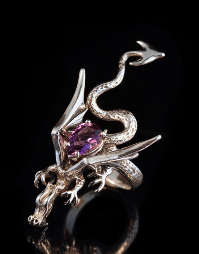 Sterling Silver Dragon Ring With Gemstone - Fantasy Statement Ring ...