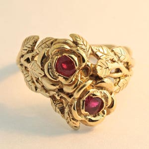 Double Rose and Ruby Ring 14K Gold Flower Ring Rose Ring Flower Jewelry ...