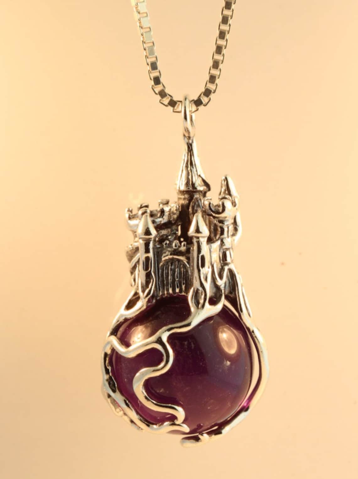 Silver Castle Necklace Orb Pendant Castle Art Statement - Etsy