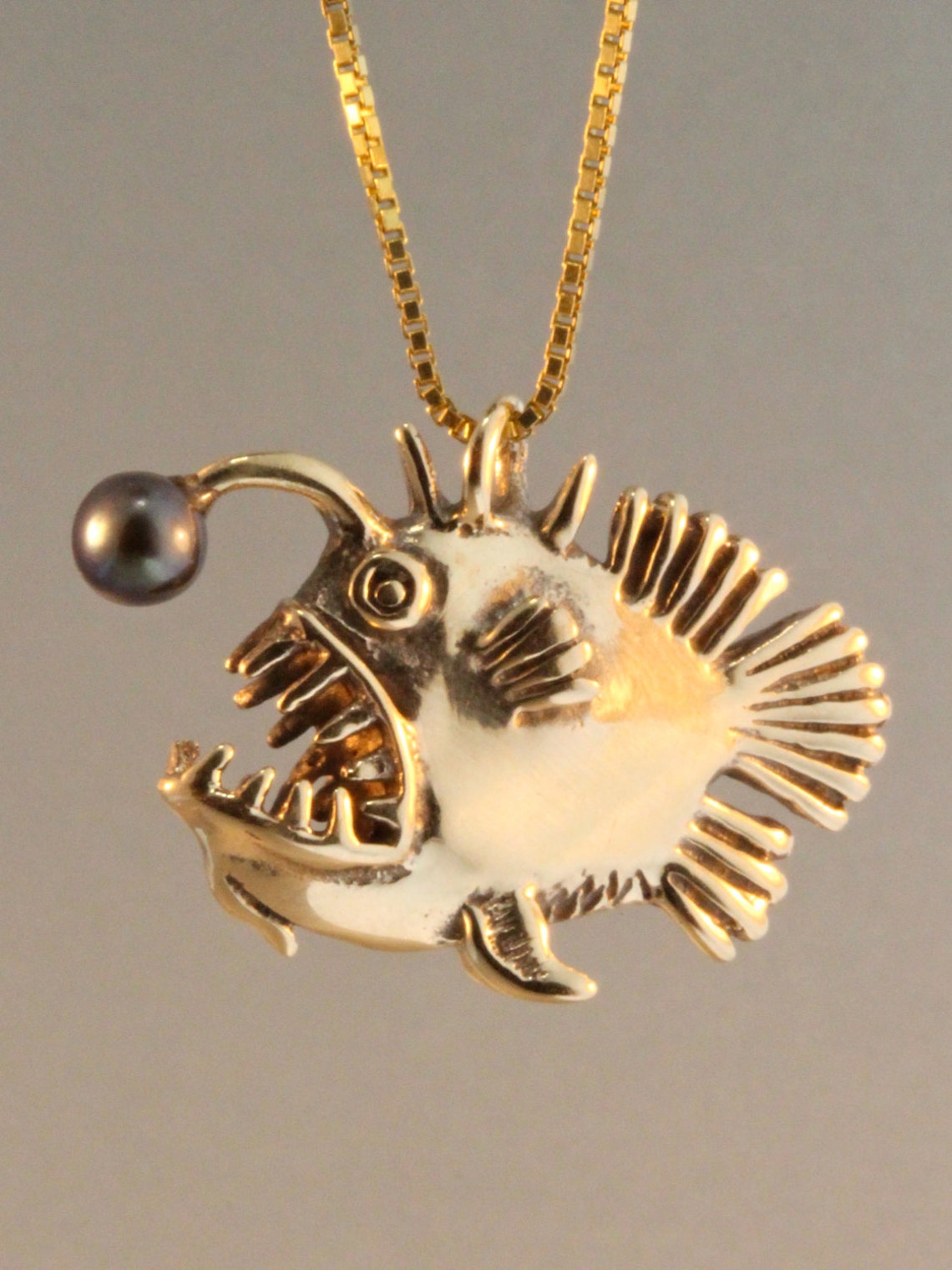Angler Fish Gold Charm Pendant with Black Pearl Angler Fish | Etsy