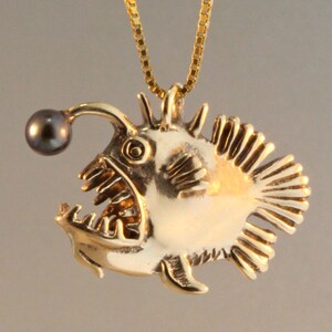 Angler Fish Gold Charm Pendant With Black Pearl - Angler Fish Jewelry ...