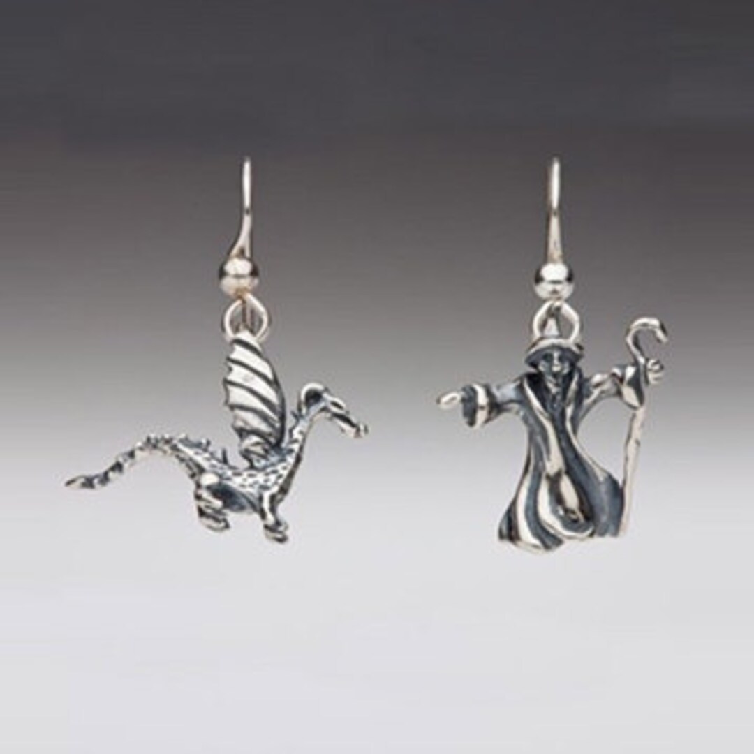 Wizard and Baby Dragon Earrings Silver Earrings Wizard Jewelry Dragon ...