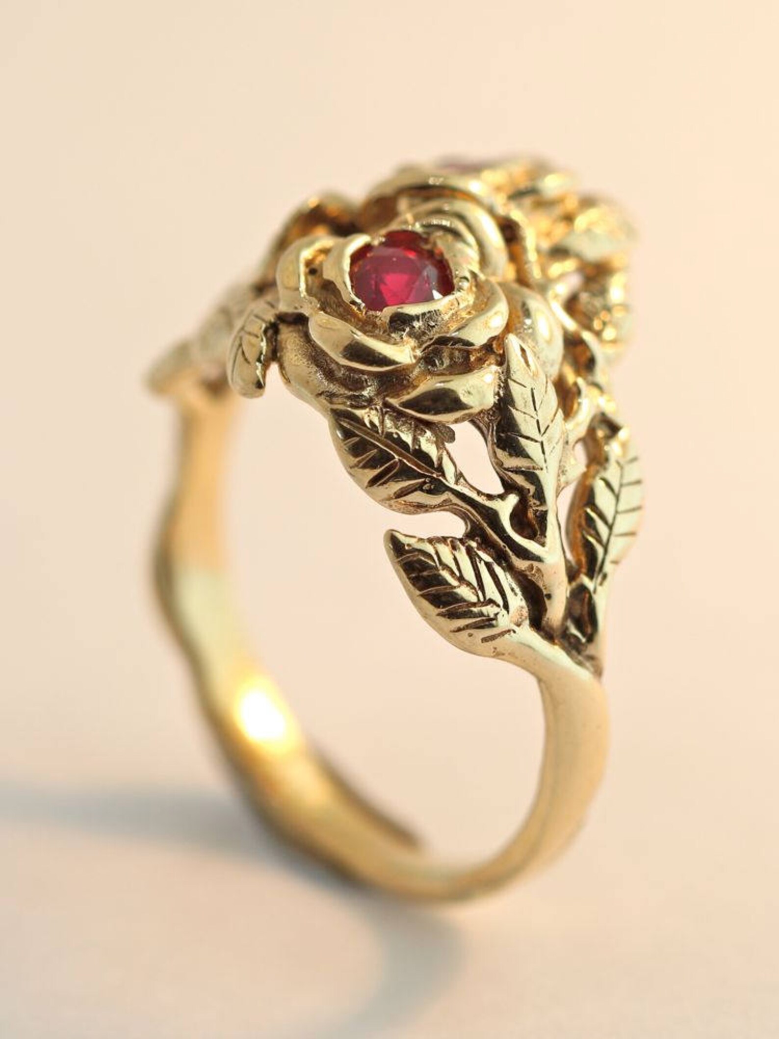 Double Rose and Ruby Ring 14K Gold Flower Ring Rose Ring - Etsy