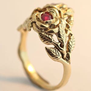 Double Rose and Ruby Ring 14K Gold Flower Ring Rose Ring Flower Jewelry ...
