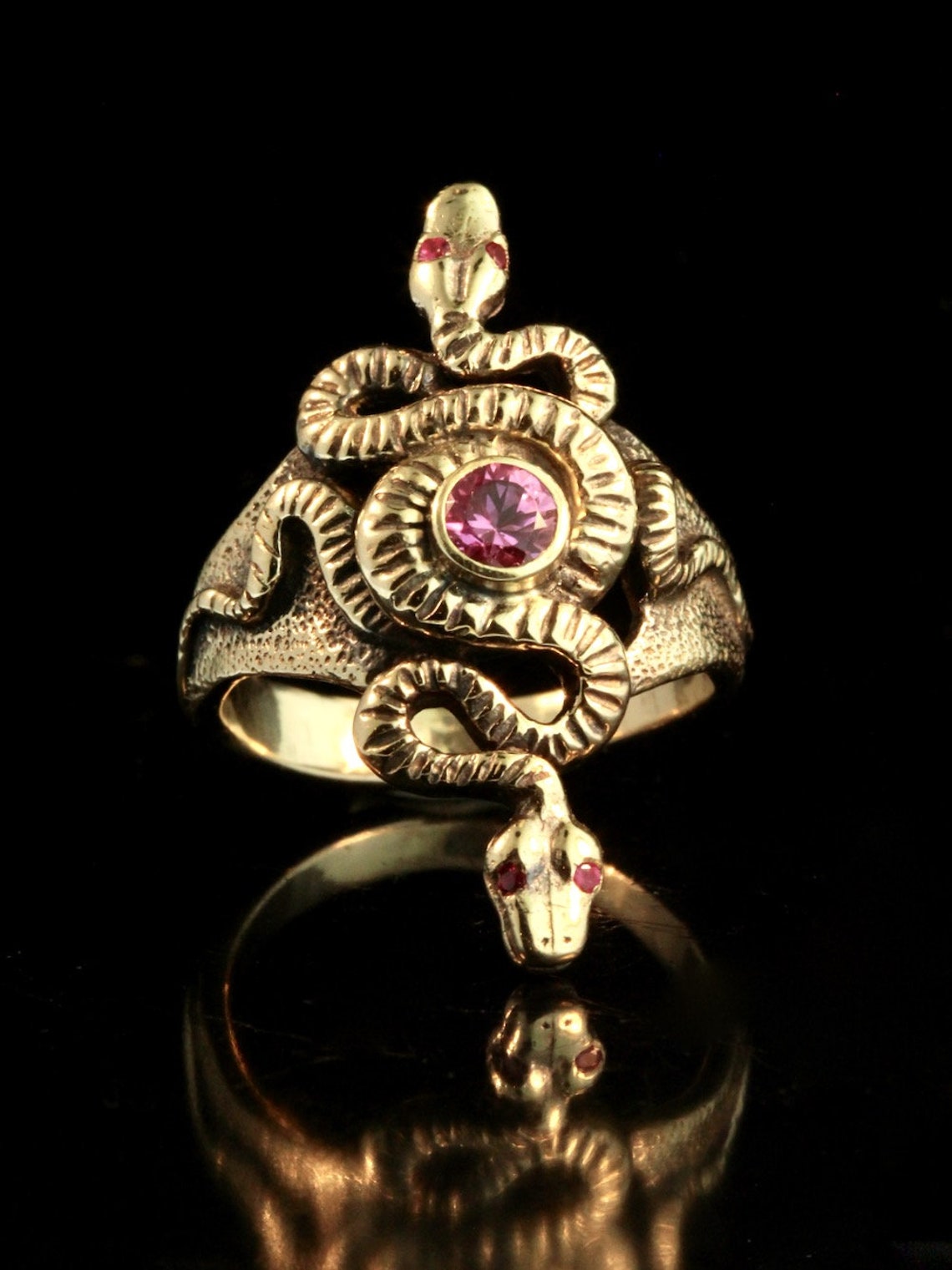 Alpha Omega Snake Ring With Pink Sapphire - Solid 14K Gold - Serpent ...