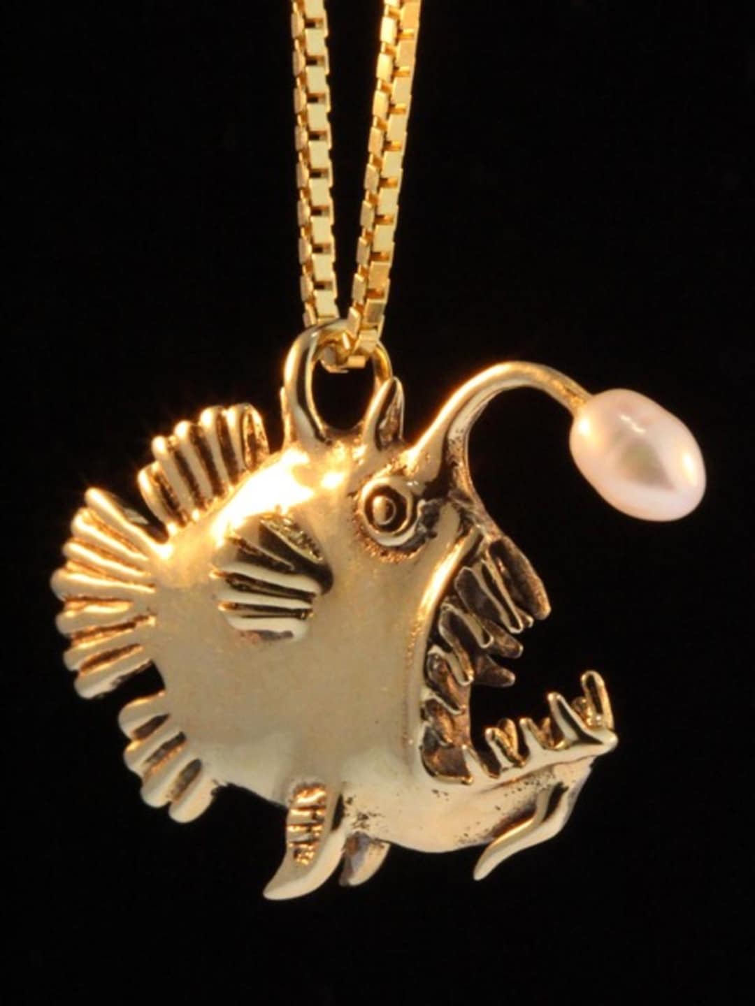 Gold Fish Necklace Gold Angler Fish Charm Pendant With Pearl Angler ...