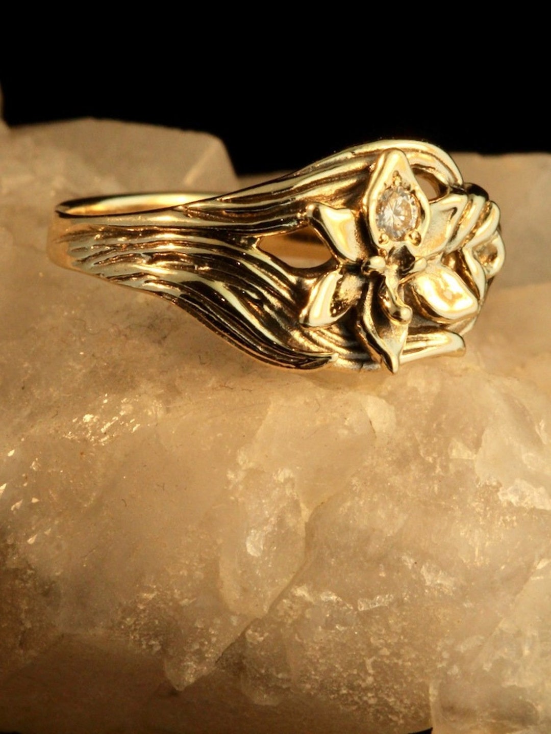 14k Gold Flower Ring Orchid Ring With SI1 .05 Diamond Victorian Ring ...