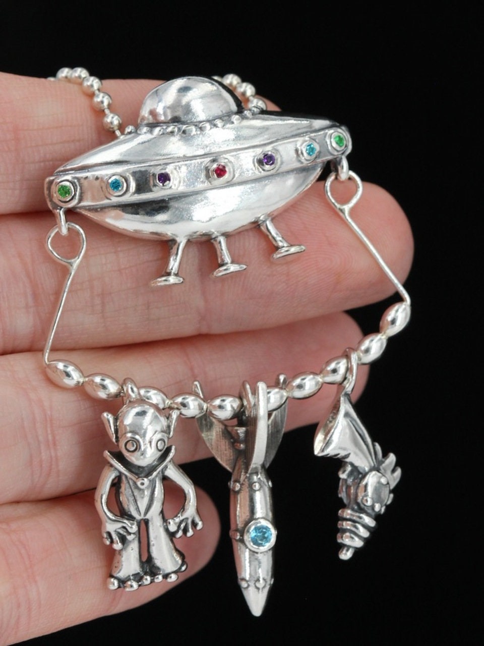 UFO Necklace with Alien Charms and Gemstone Portholes Alien | Etsy