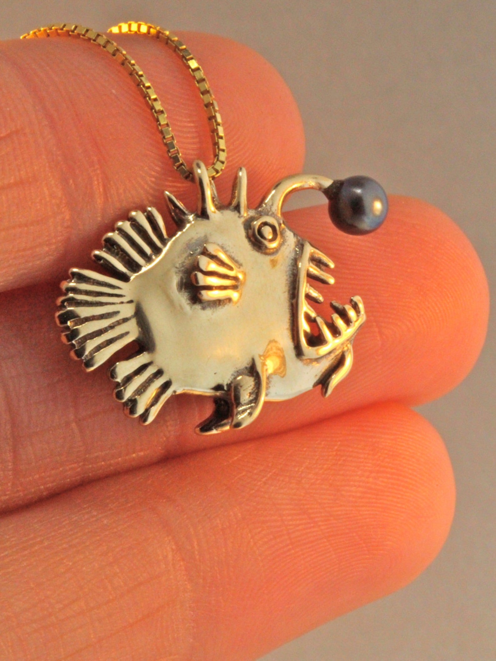 Angler Fish Gold Charm Pendant With Black Pearl Angler Fish - Etsy