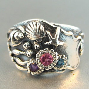 Ocean Ring Silver Tide Pool Ring With Gemstones Ocean Jewelry Shell ...