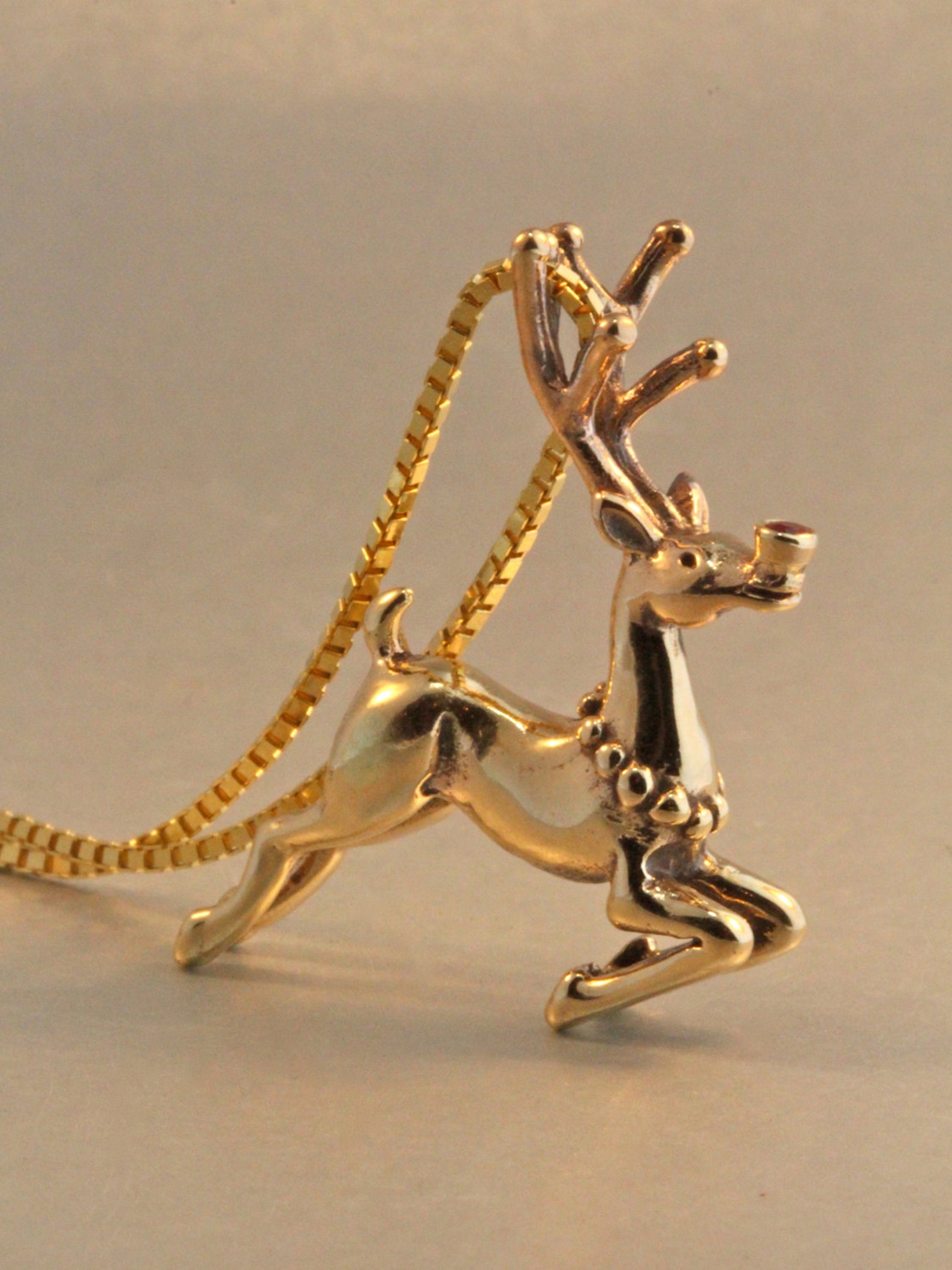 Reindeer Necklace - 14k Gold - Rudolph the Red Ruby Nosed Reindeer ...