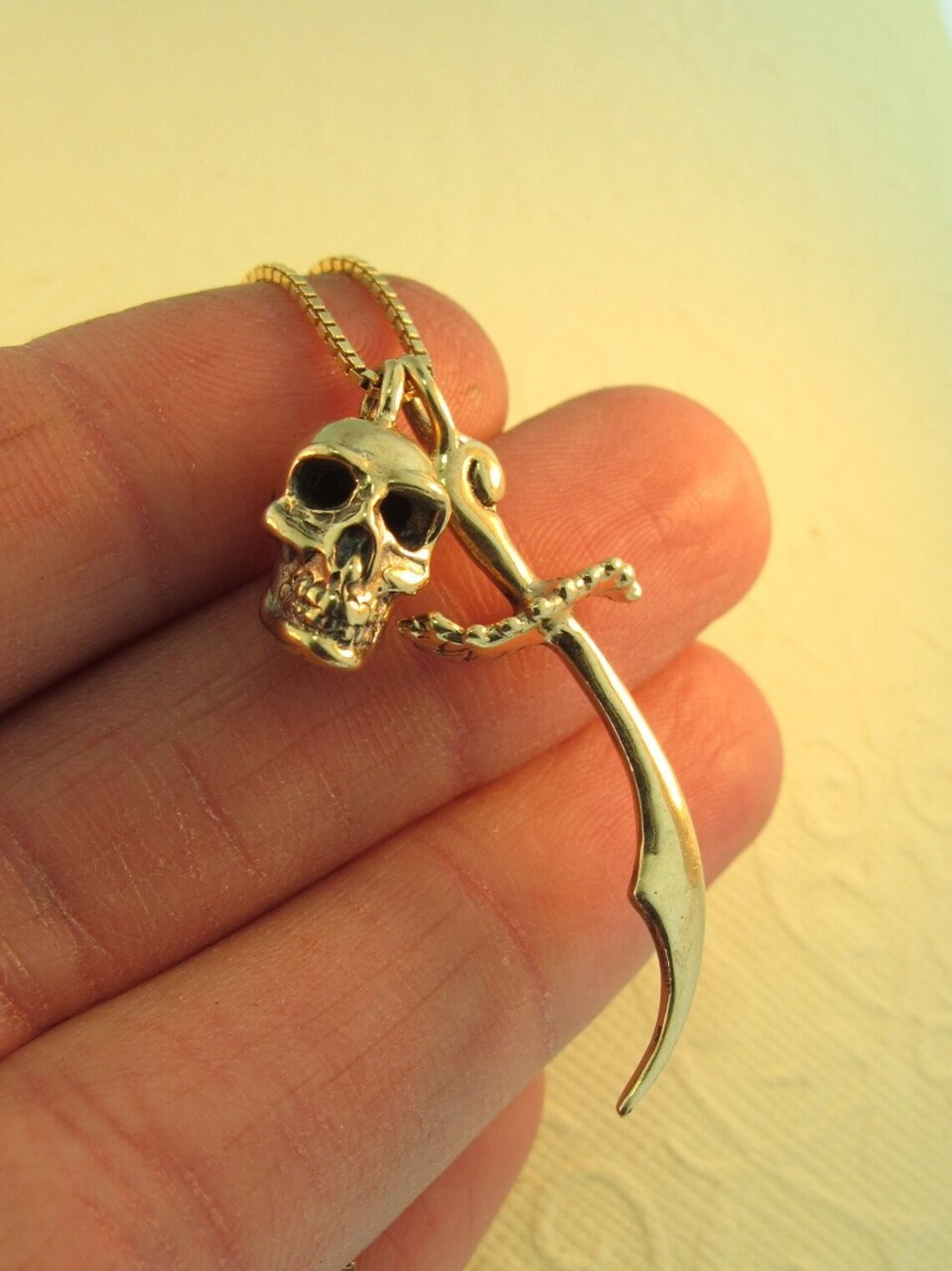 14k Gold Skull and Scimitar Necklace Skull Charm Sword Charm | Etsy