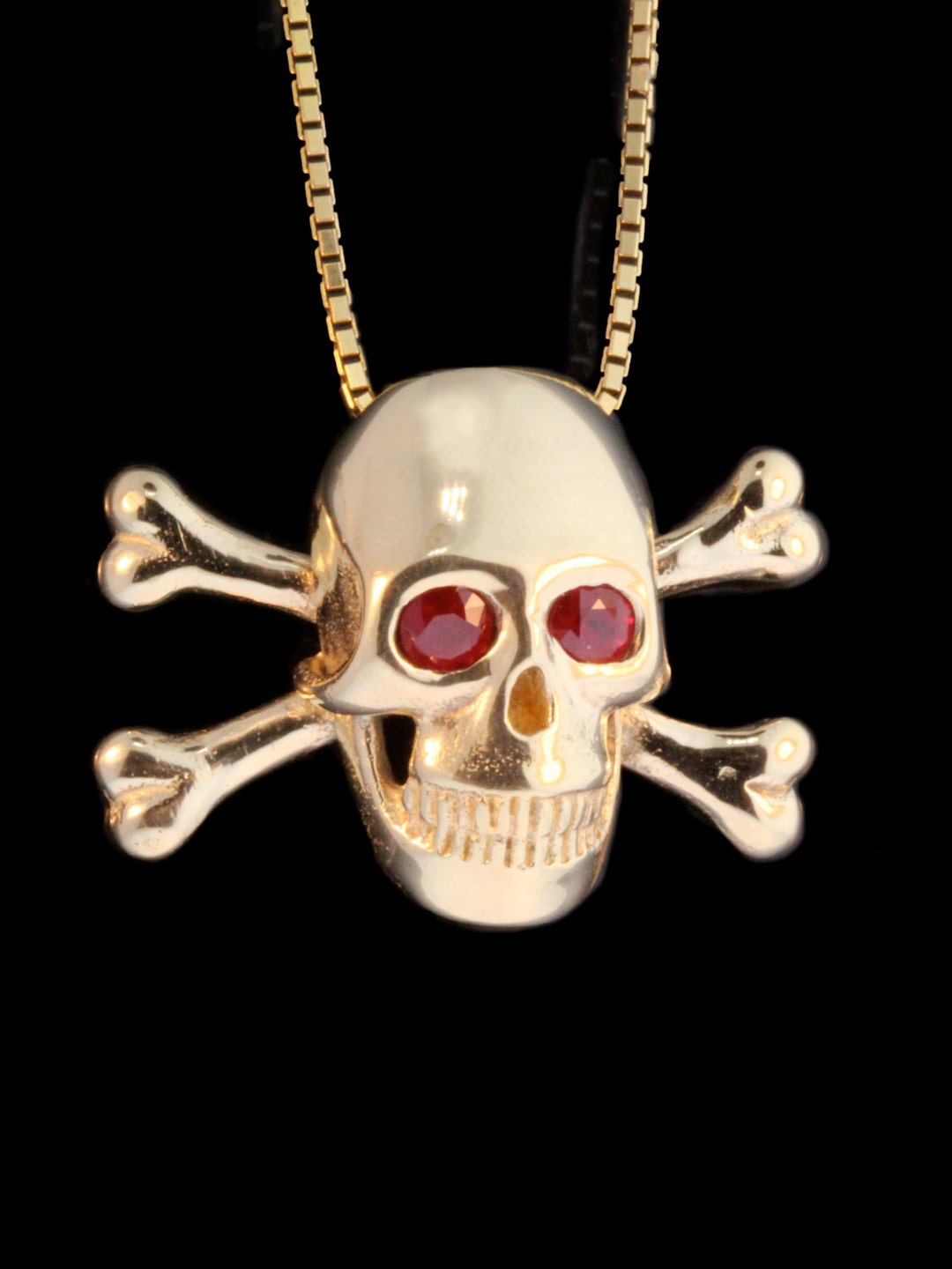 Large Skull and Crossbones Pendant - Ruby Eyes - Solid 14k Gold - Biker ...