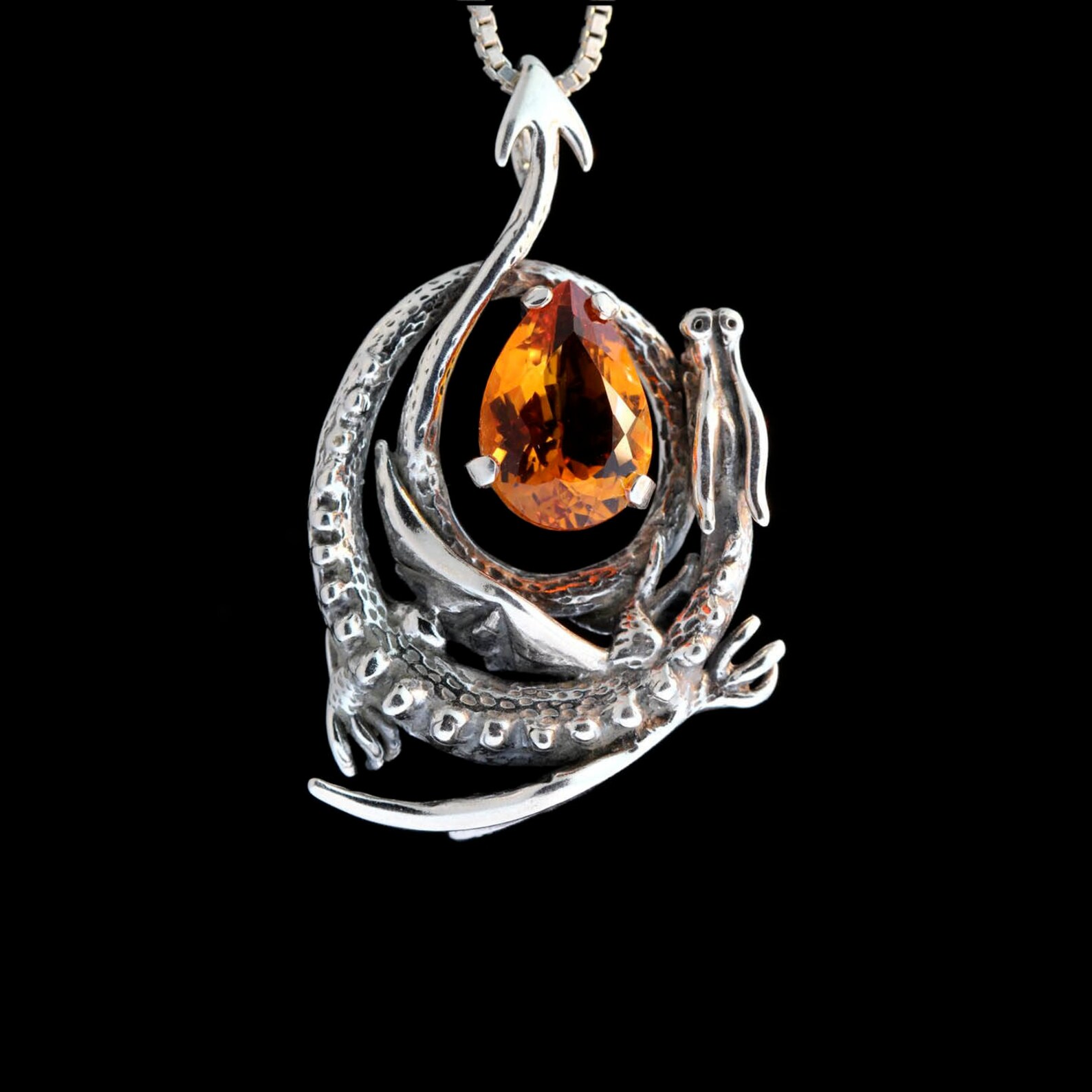 Silver Dragon Pendant Curled Dragon Necklace Citrine Jewelry Gothic ...