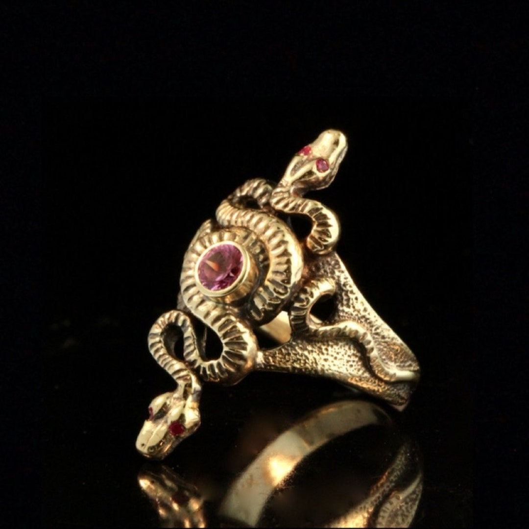 14k Gold Pink Sapphire Snake Ring With Ruby Eyes Alpha Omega Snake Ring ...