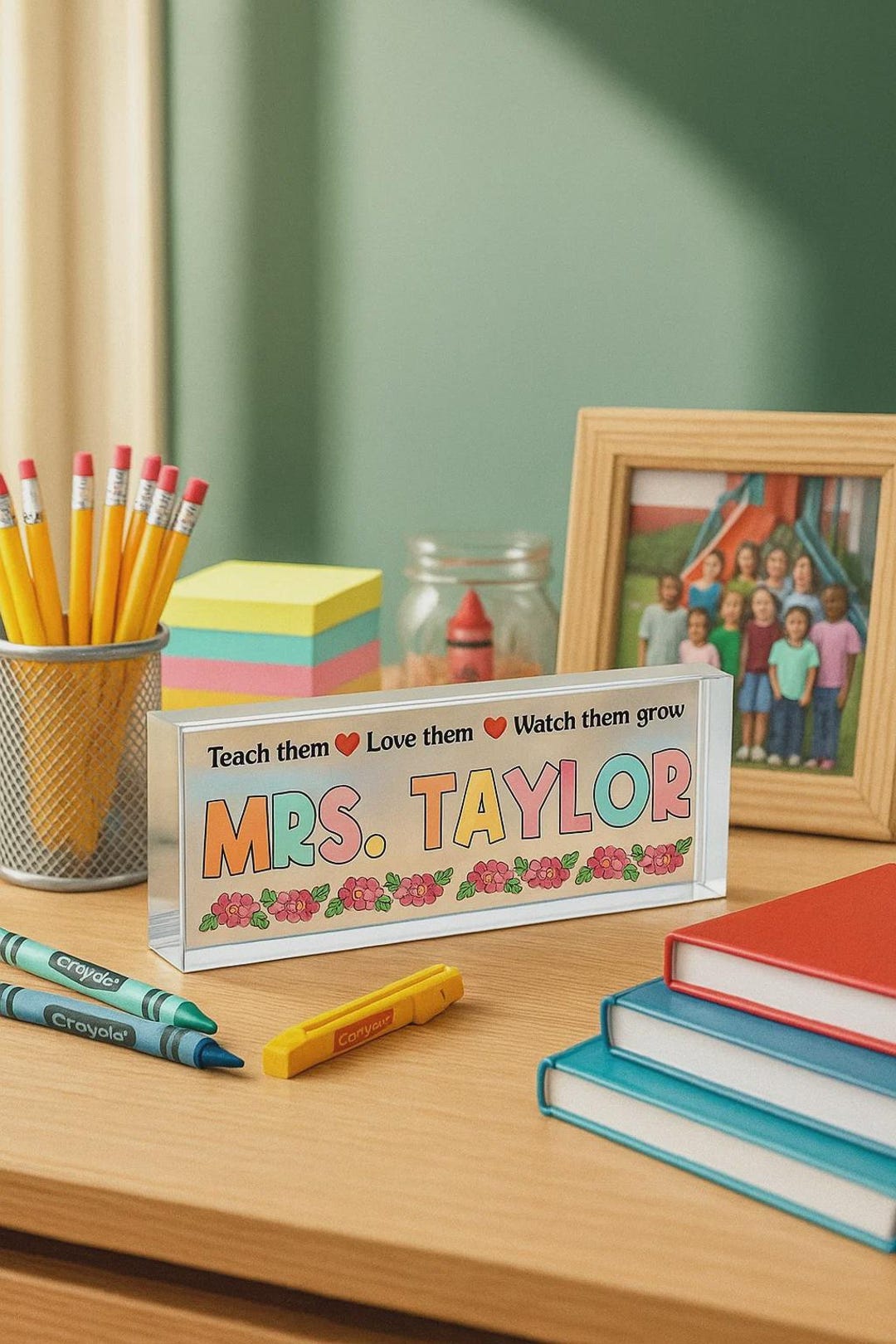 Personalized Teacher Desk Nameplate – Floral Acrylic Sign, Pastel ...