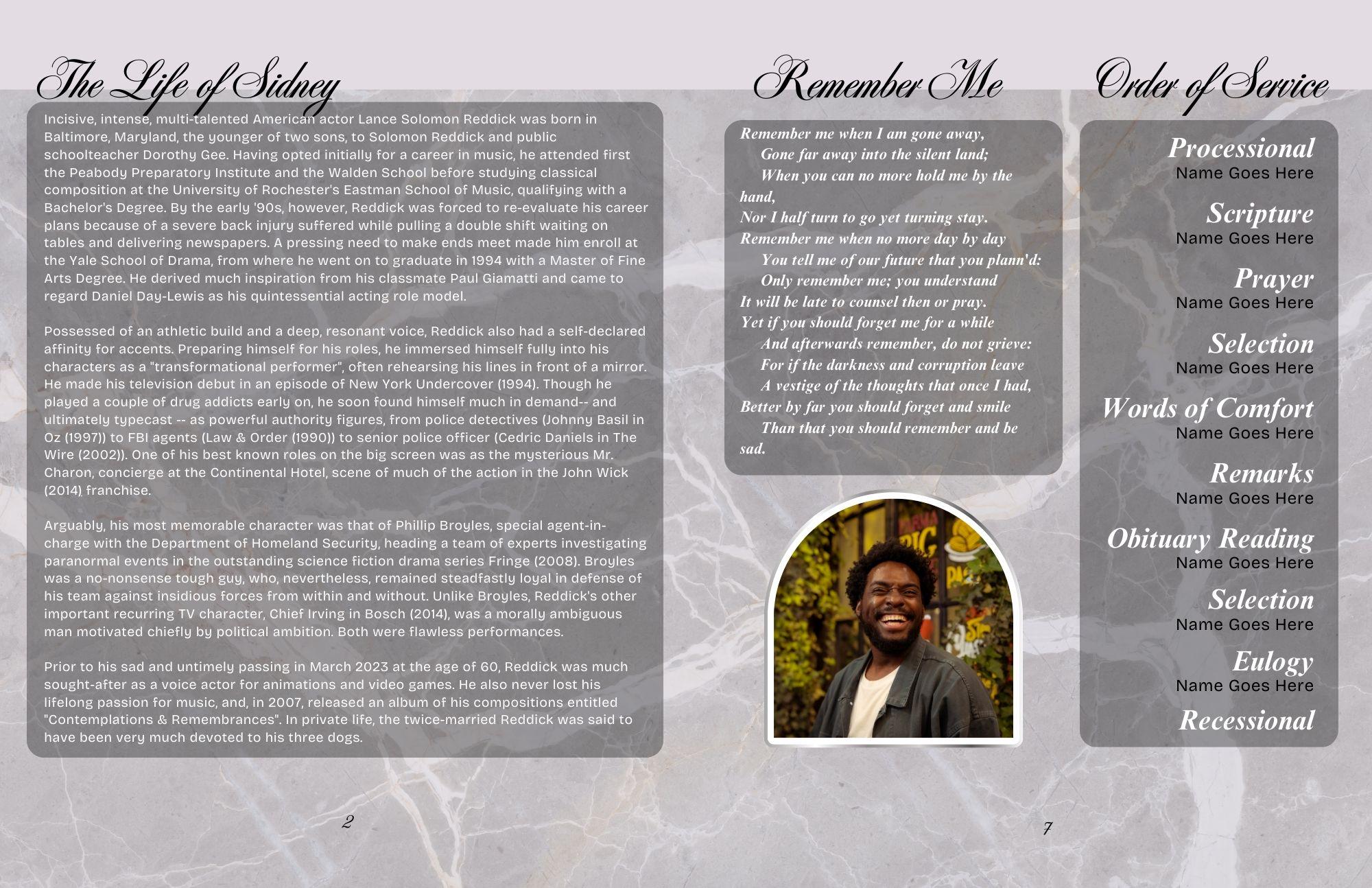 Men's Funeral Program Template Grey Marble 8 Page Fully Editable Canva ...