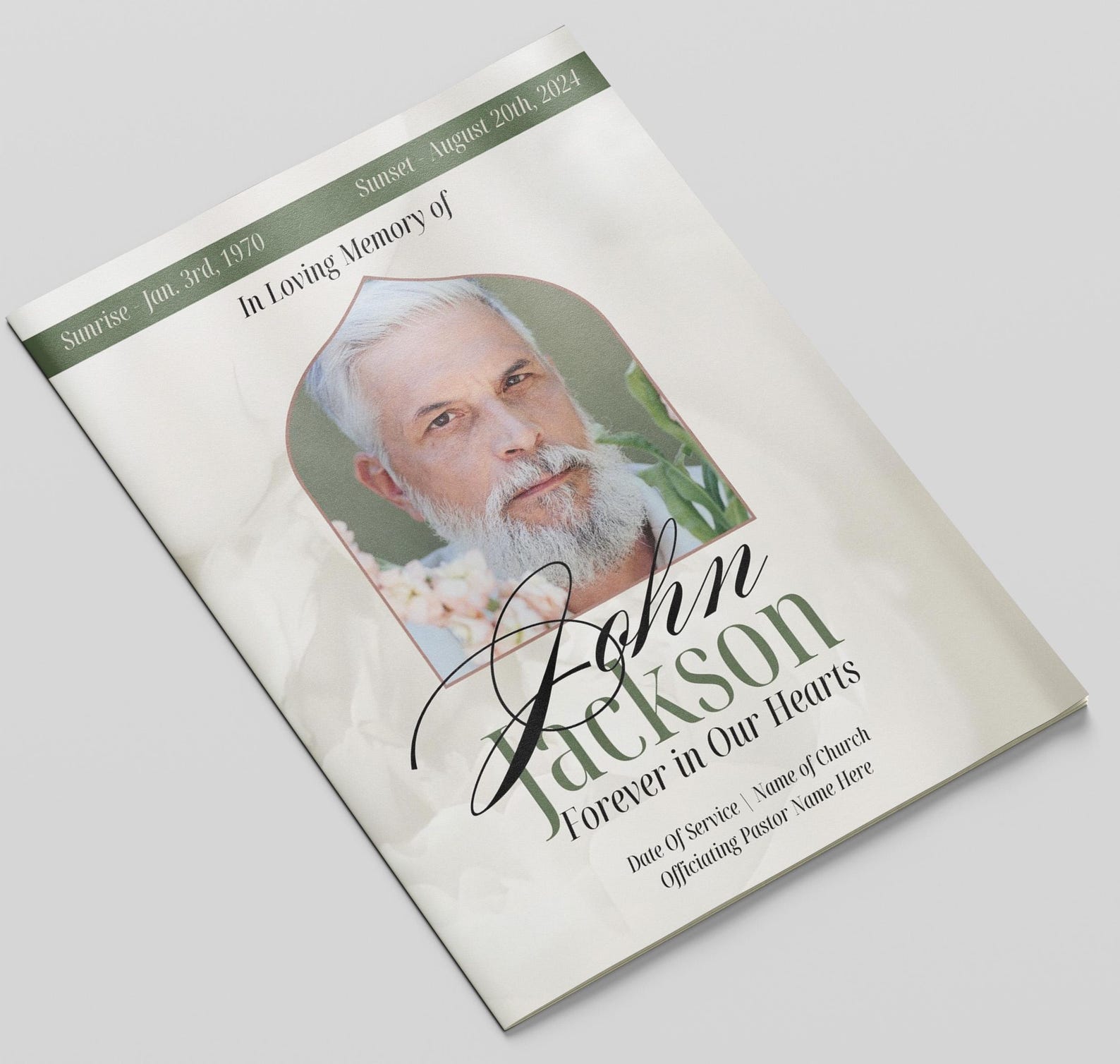 Men's Funeral Program Template | Floral Beige & Olive | 8 Page Fully ...