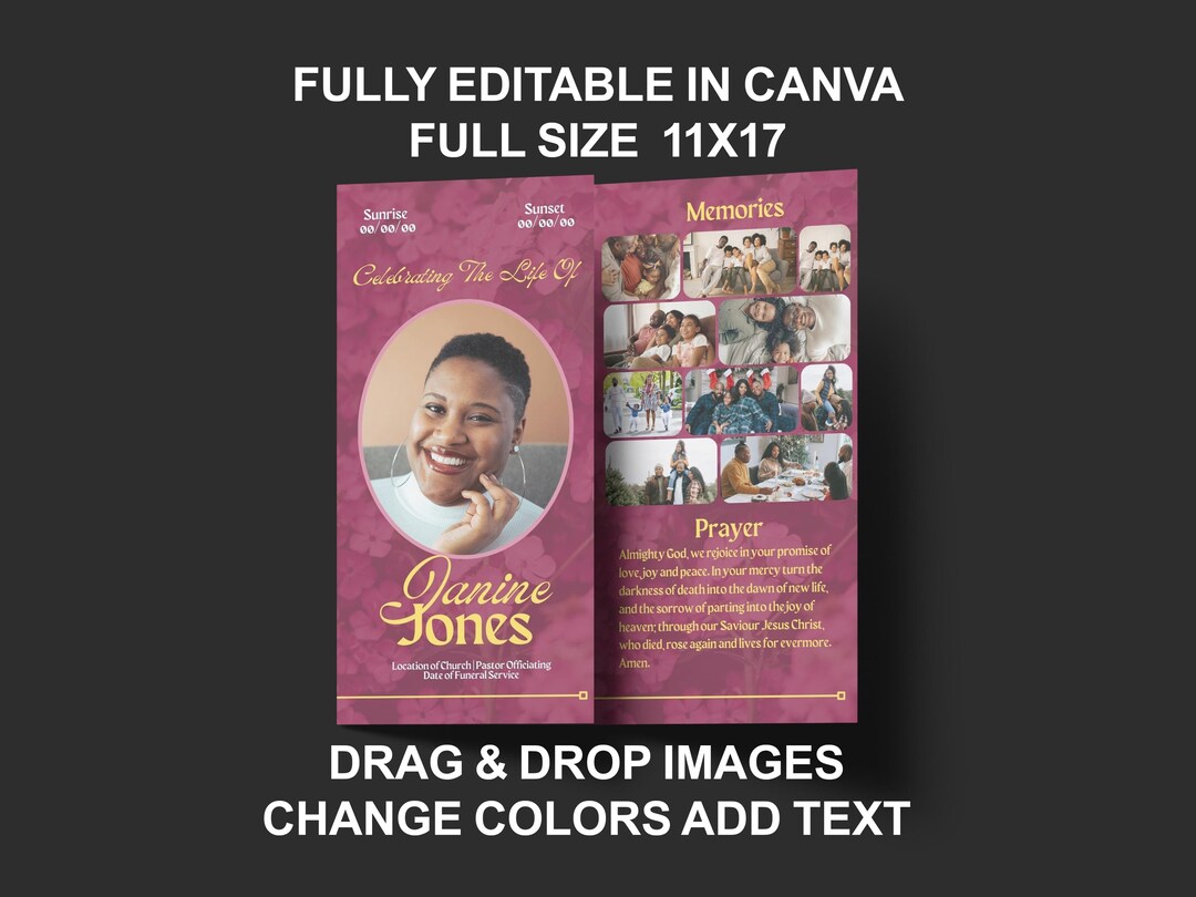 Tri-fold Funeral Program Template Fully Editable in Canva 11x17 - Etsy