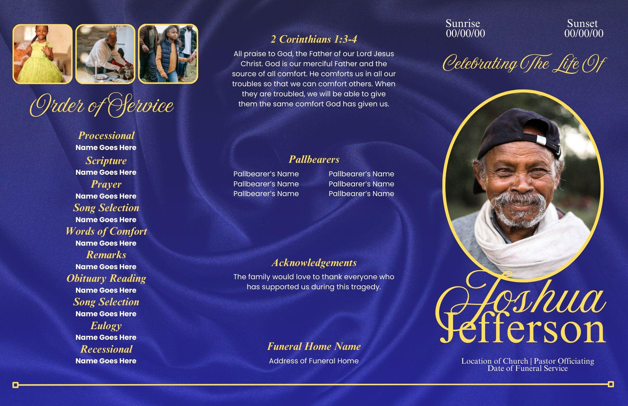 Tri-fold Funeral Program Template | Blue, Yellow & White | Fully ...