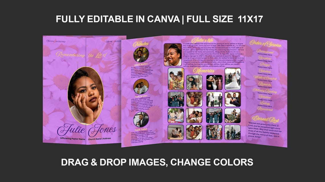 Gate Fold Funeral Program Template | Modern Style Magenta, Yellow ...