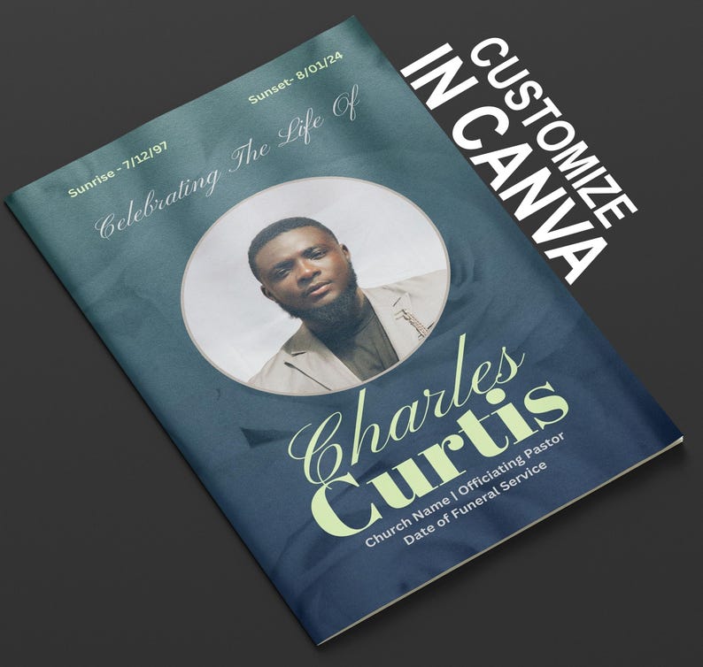Funeral Program Template | Modern Green and Blue | 4 Page Fully ...