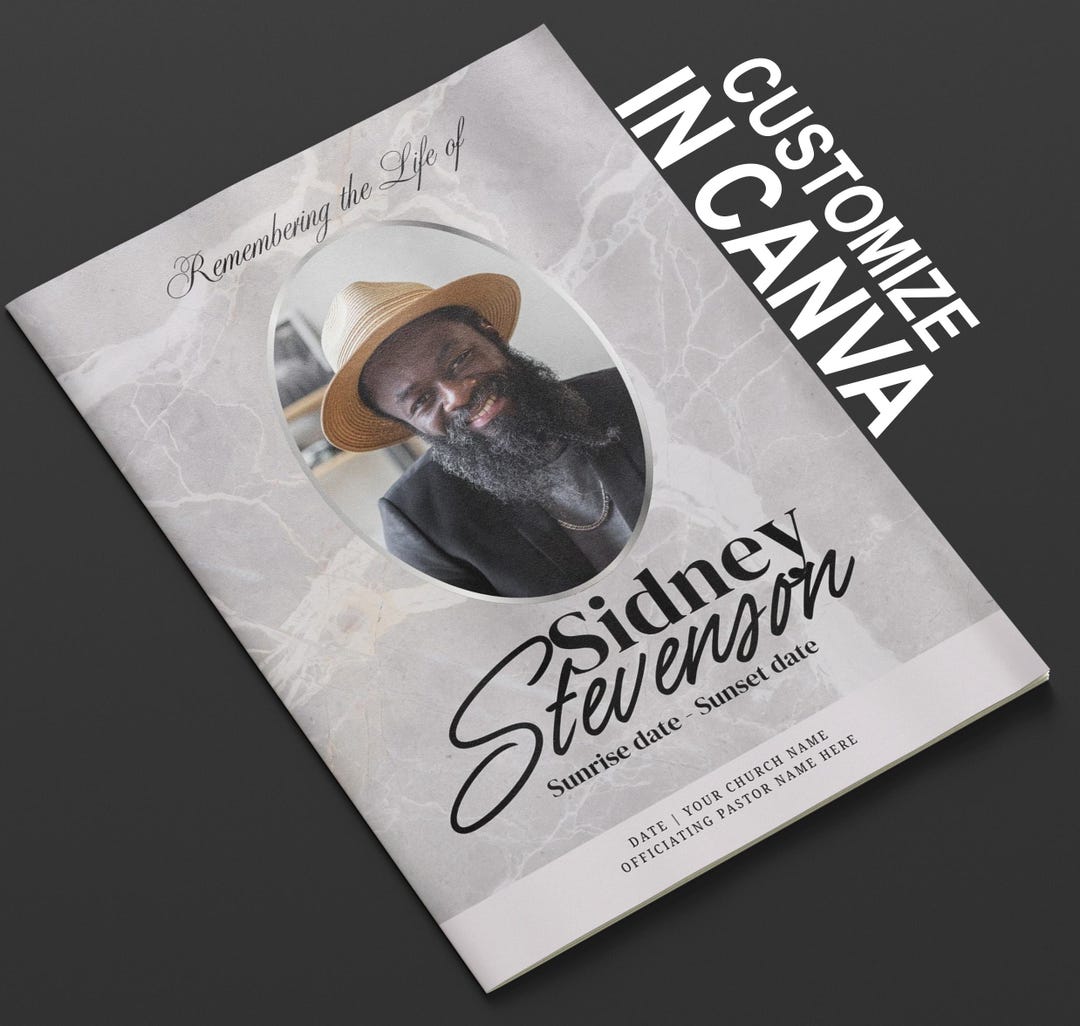 Men's Funeral Program Template Grey Marble 8 Page Fully Editable Canva ...