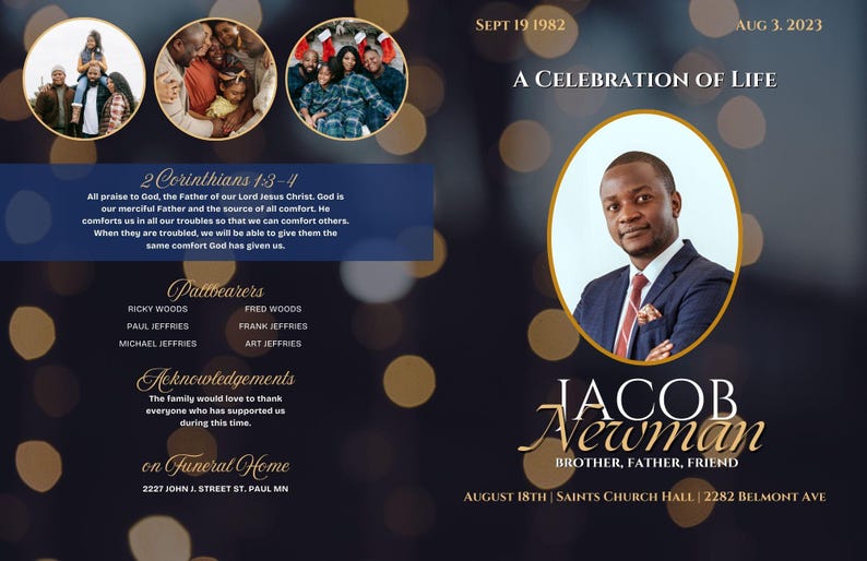 Funeral Program Template Blue, Gold & Bokeh Modern Style 4 Page Fully ...