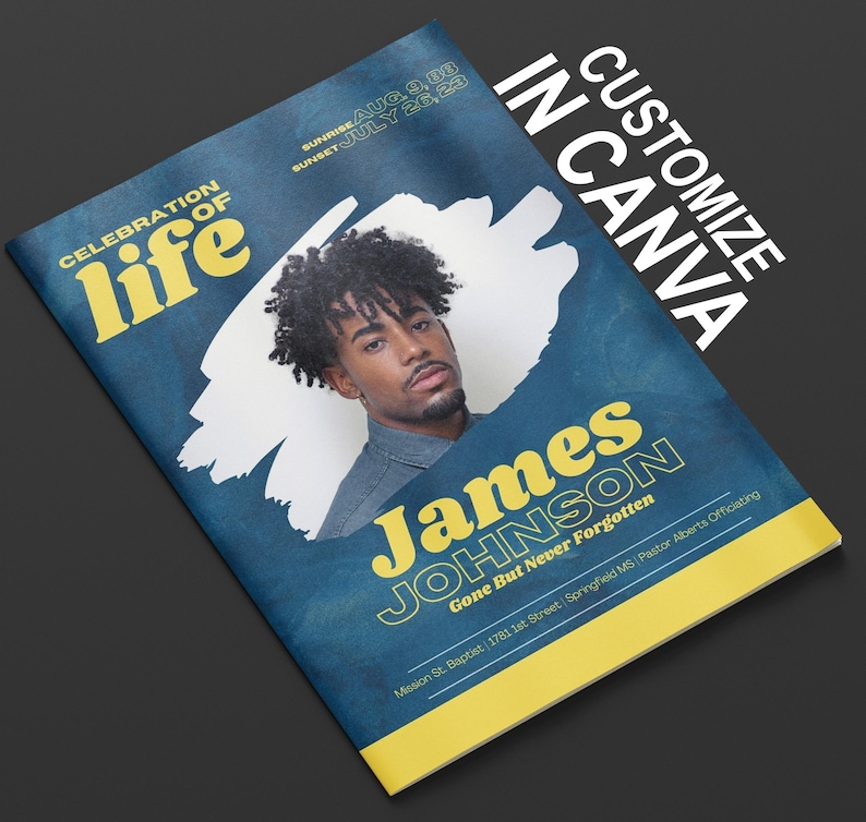Funeral Program Template | Modern Style Blue, Yellow, Stone | 4 Page ...