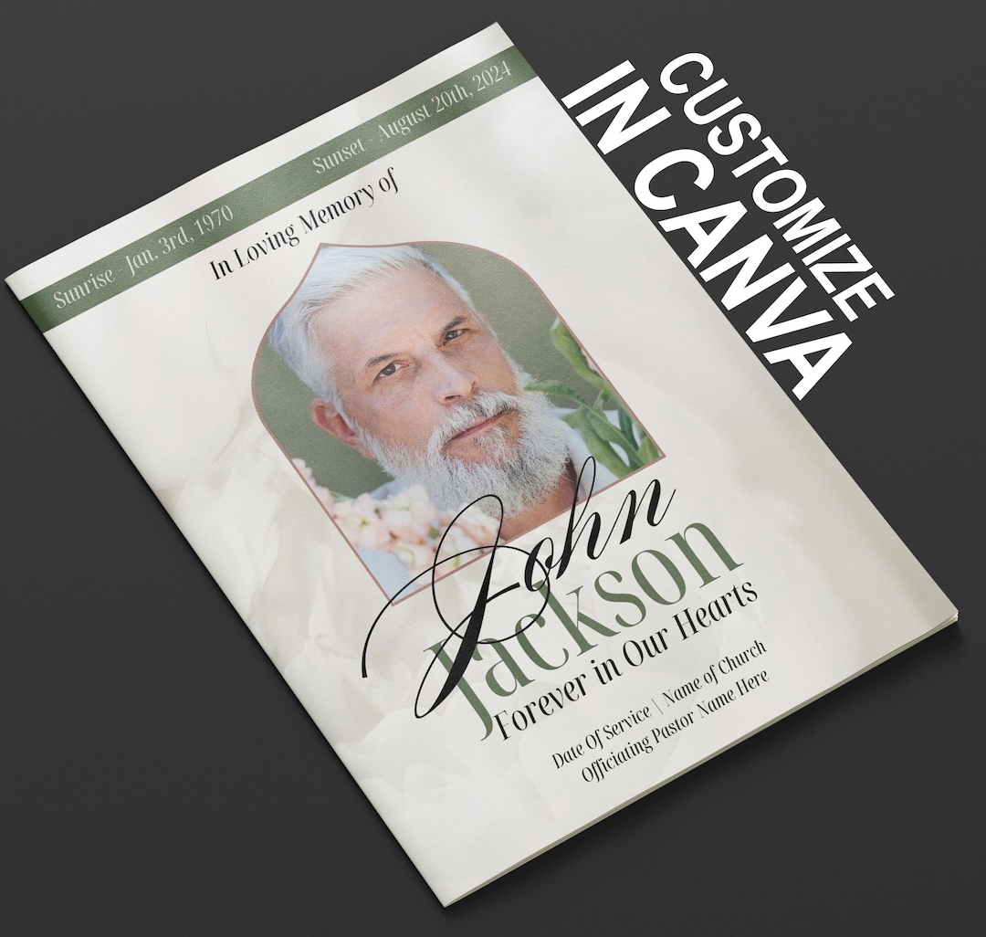 Men's Funeral Program Template | Floral Beige & Olive | 8 Page Fully ...