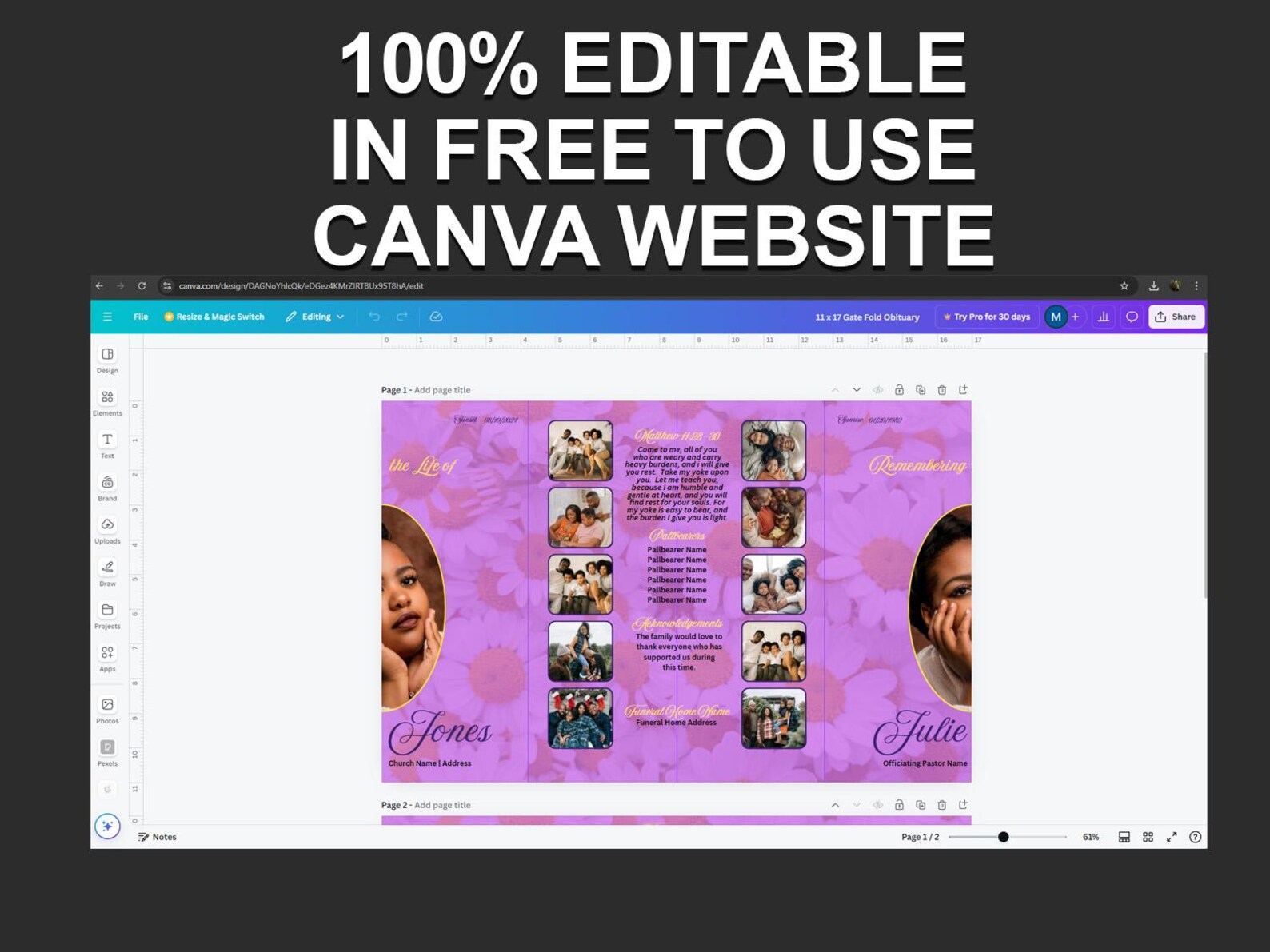 Gate Fold Funeral Program Template | Modern Style Magenta, Yellow ...