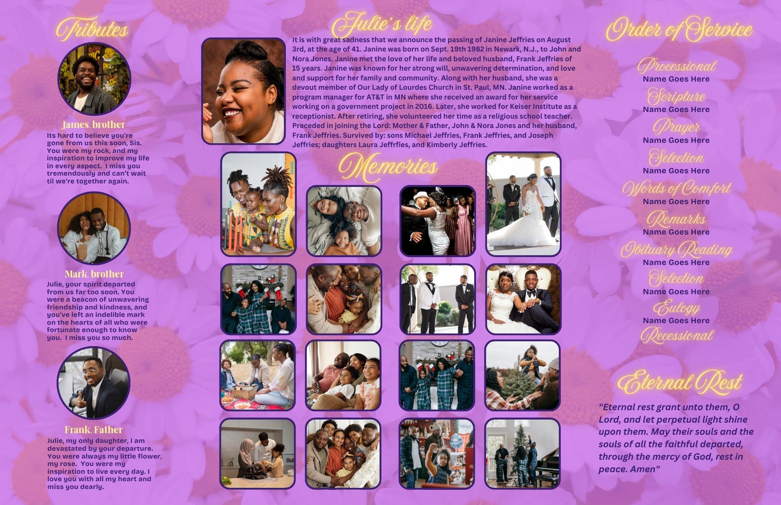 Gate Fold Funeral Program Template | Modern Style Magenta, Yellow ...