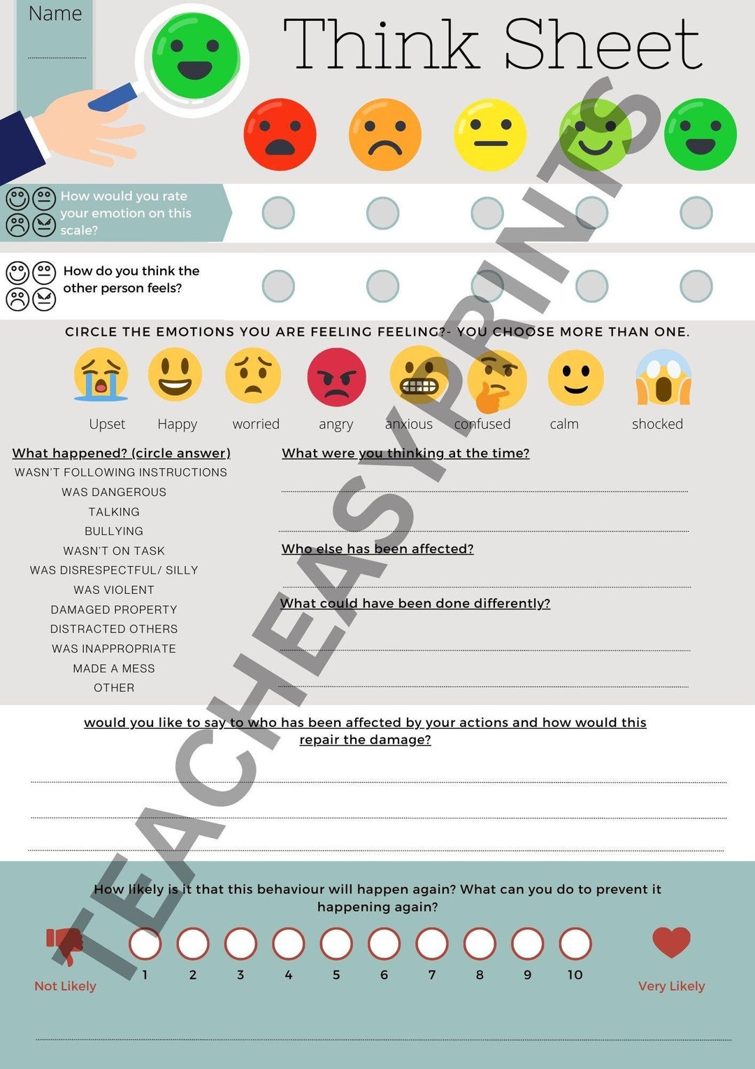 Restorative Practice Think Sheet for Kids: Emotion & Behavior ...