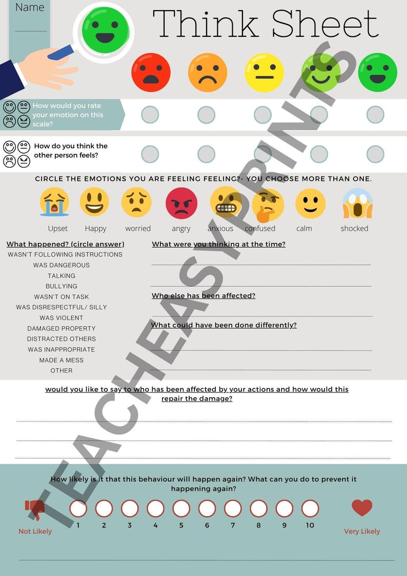 Restorative Practice Think Sheet for Kids: Emotion & Behavior ...
