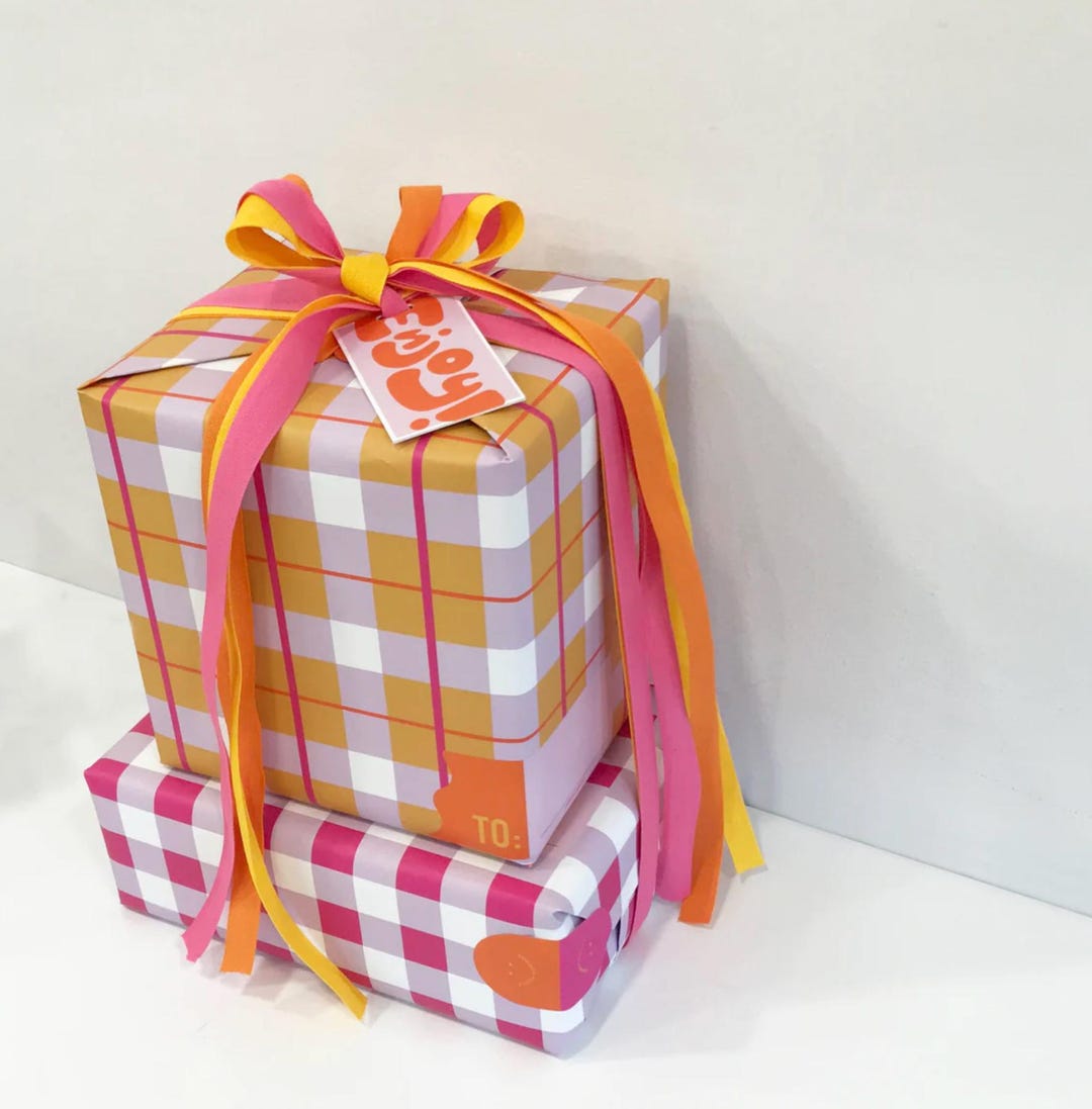 Plaid Gift Wrap, Double Sided Gift Wrap, Girls Gift Wrap, Yellow/pink ...