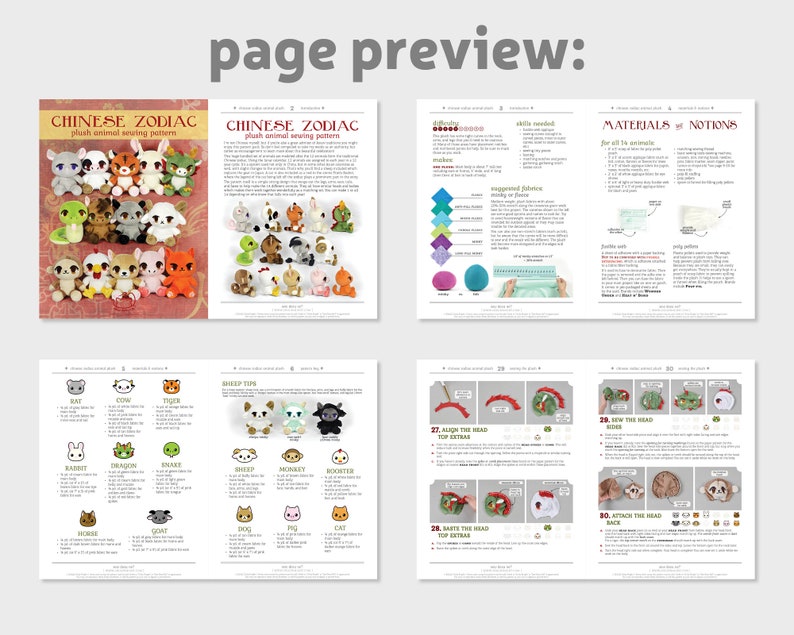 Chinese Zodiac Animal Plush Pack Sewing Pattern .pdf Tutorial - Etsy