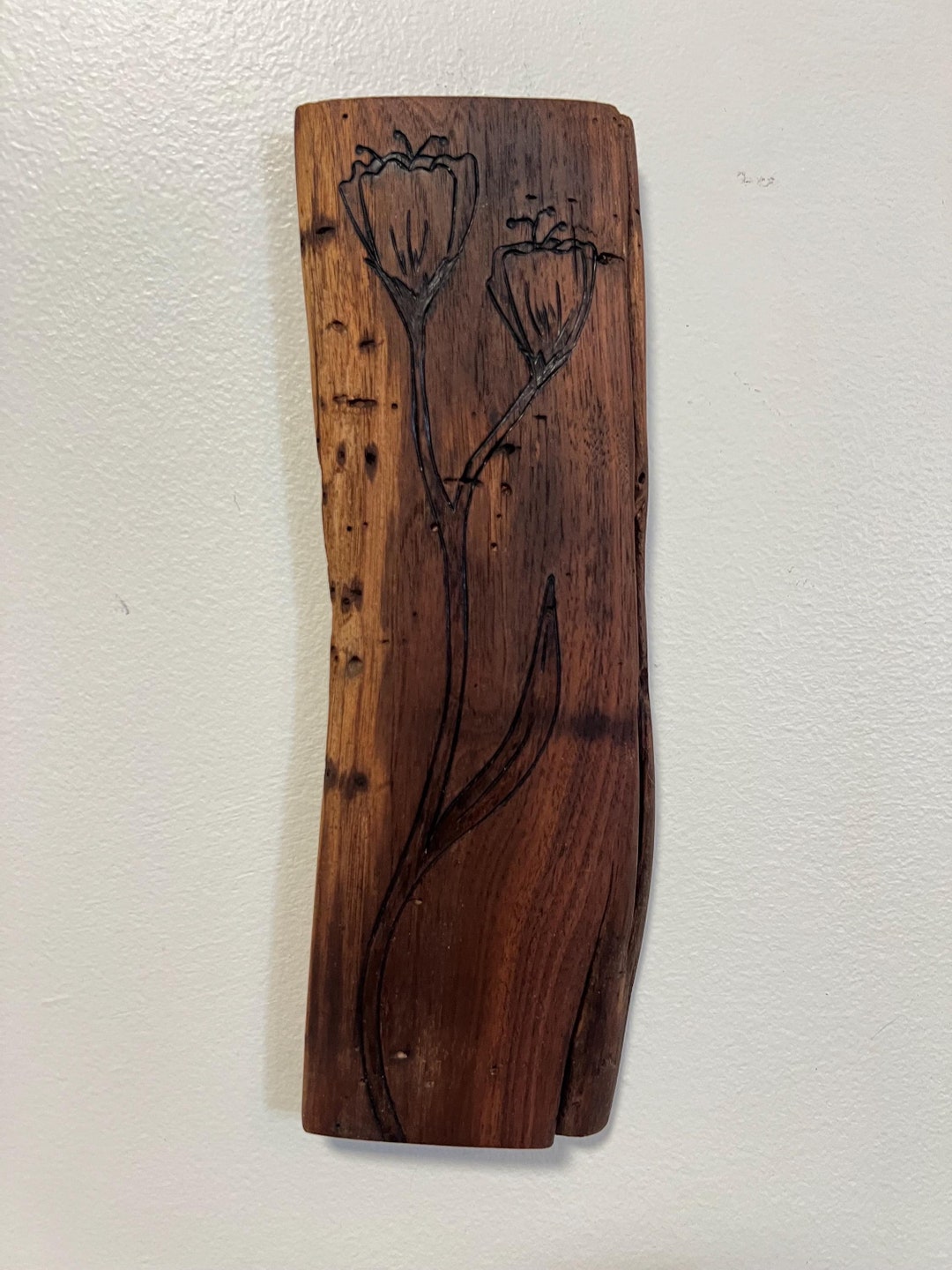 Flower Live Edge Hanging Wall Art Black Walnut Wood Burn Art Plant ...