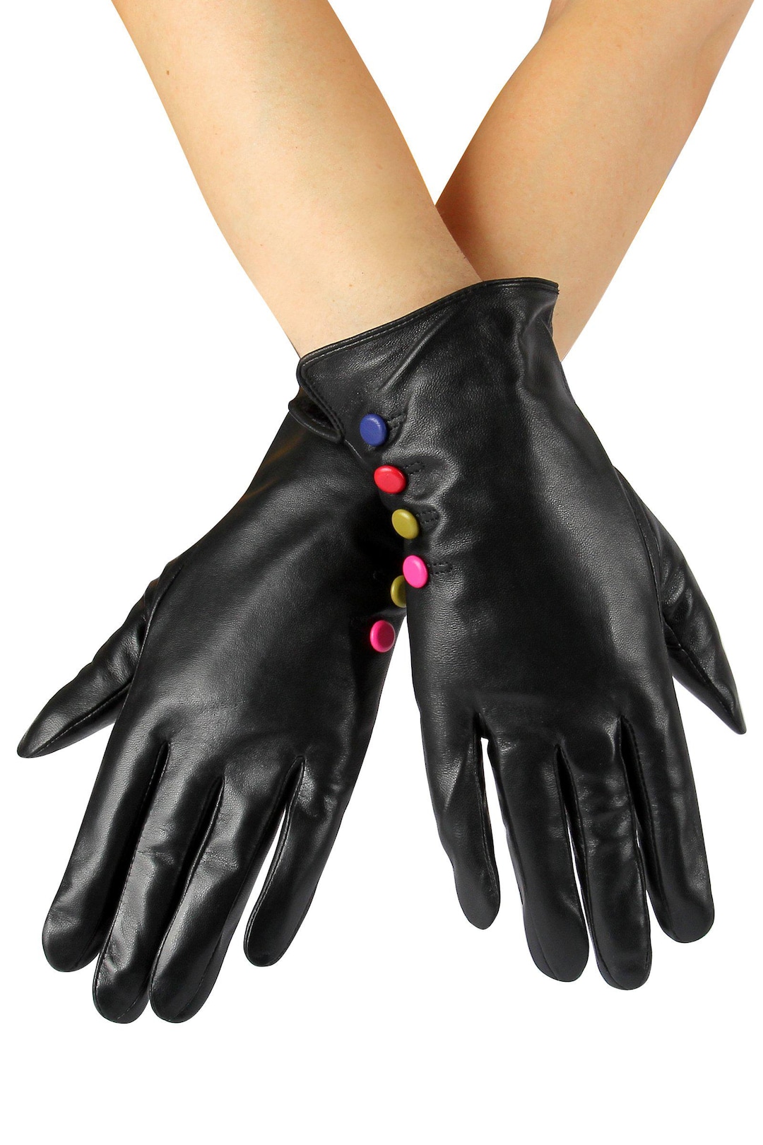 Ladies Leather Gloves Coloured Button Leather Gloves Women's Black ...