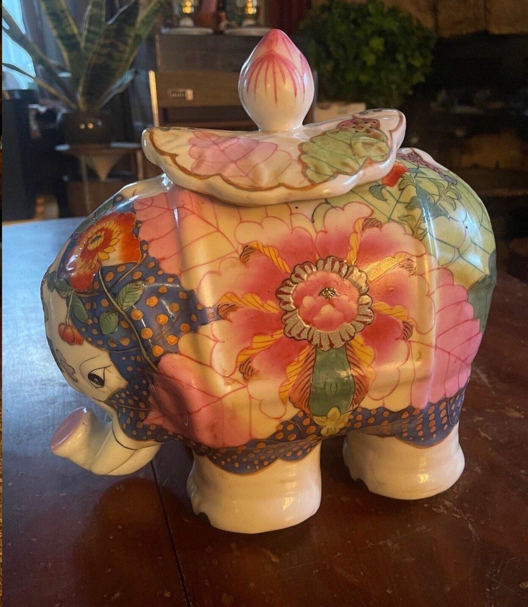 Super Rare Vintage Tobacco Leaf Ceramic Elephant Jar W/ Lid Mottahedeh ...