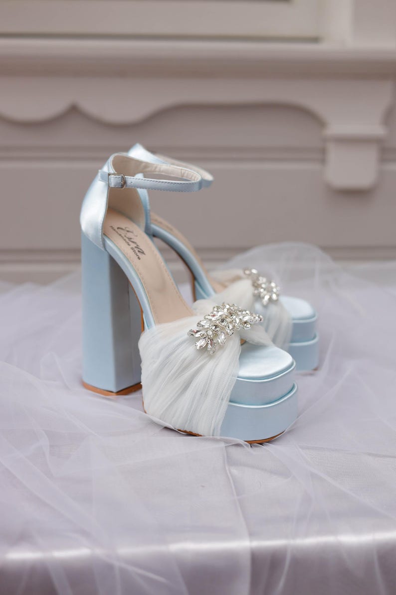 Luxurious Baby Blue Satin Platform Heels With Crystal Embellishment ...