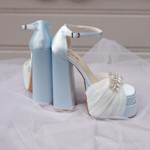 Luxurious Baby Blue Satin Platform Heels With Crystal Embellishment ...