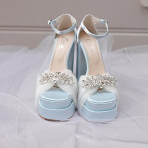 Luxurious Baby Blue Satin Platform Heels With Crystal Embellishment ...